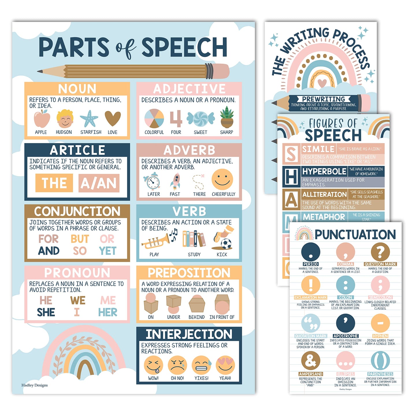 Parts of Speech Kit: Boho 4 Poster Pack – Hadley Designs Prek