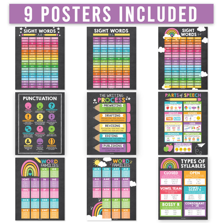 9 Sight Words Posters for Classroom Word Wall - 100 Sight Words Chart ...