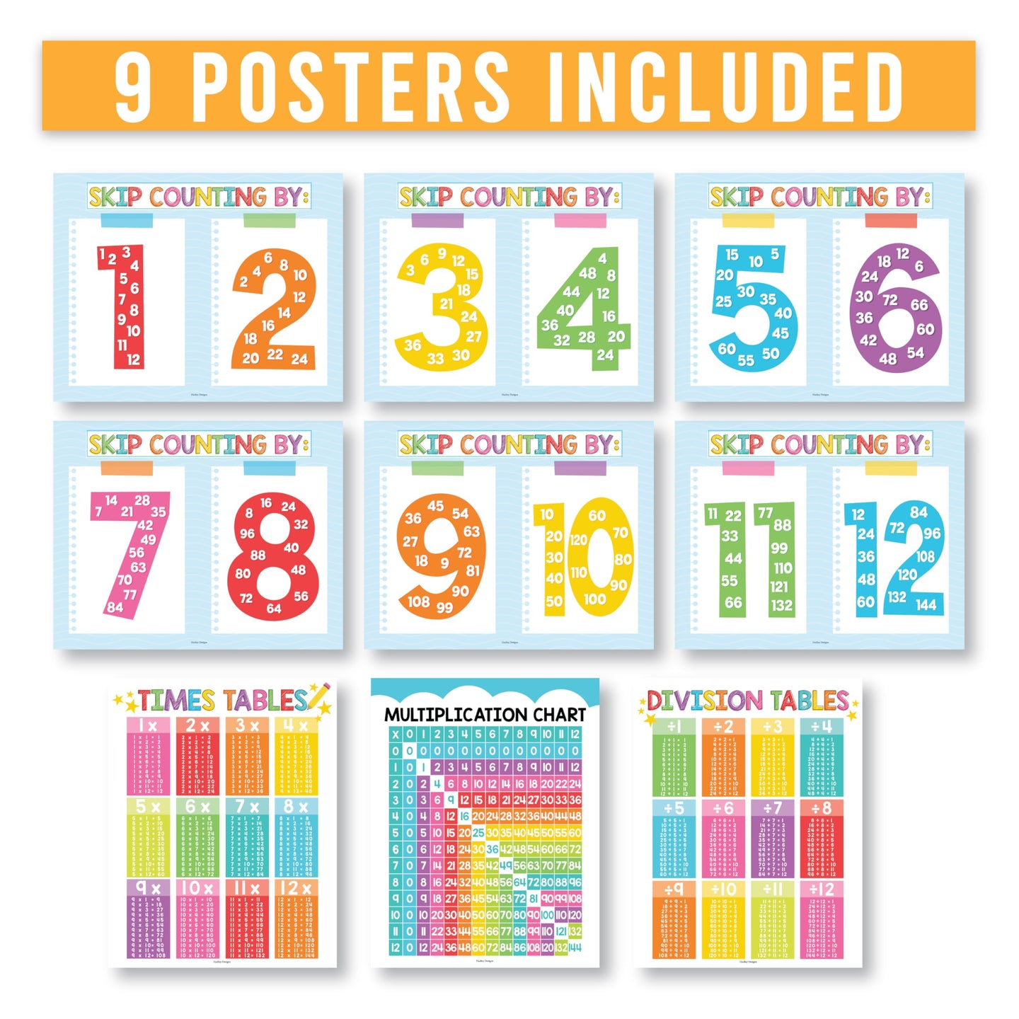Multiplication & Division Kit: Colorful 9 Poster Pack – Hadley Designs Prek