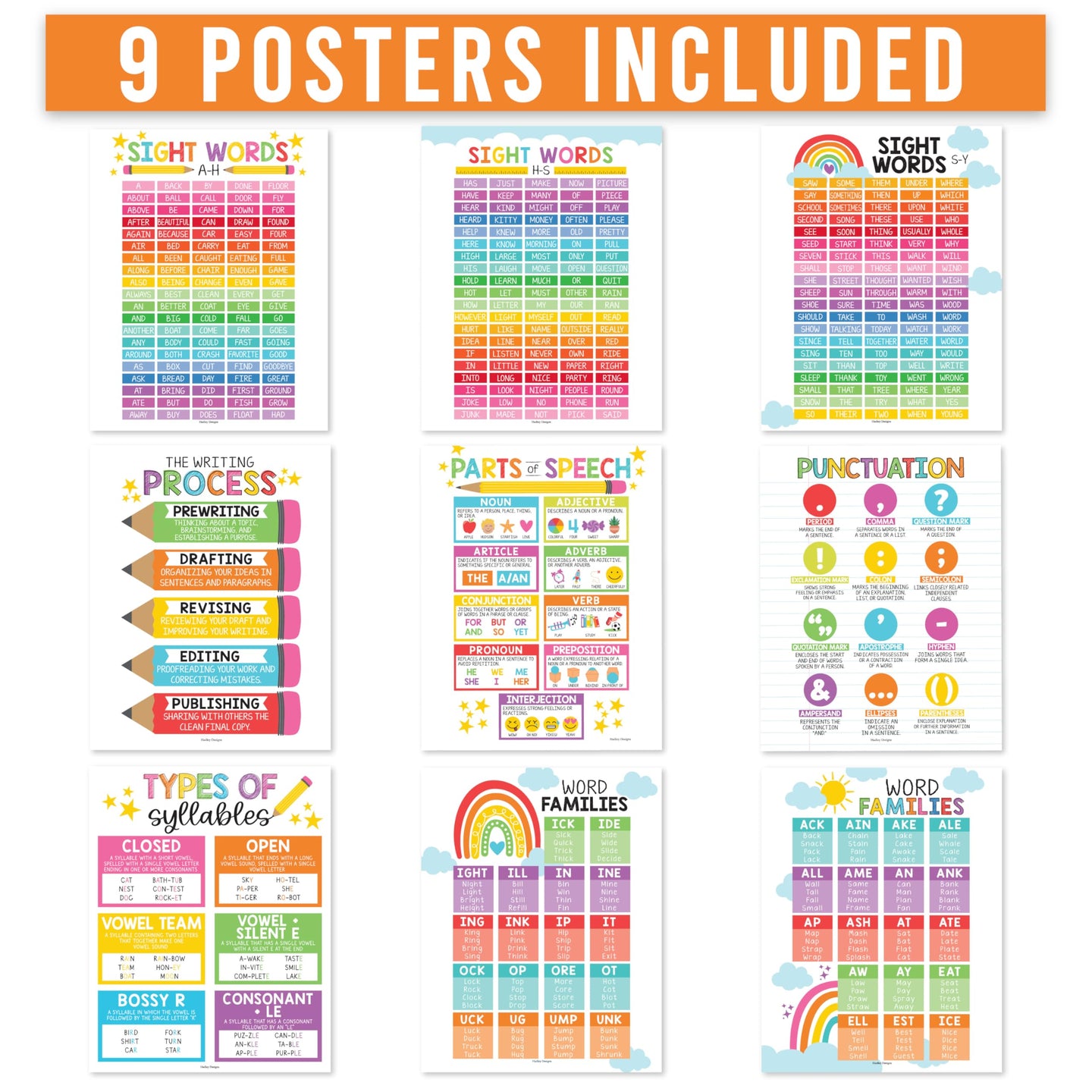 Sight Words Reading Kit, 9 Poster Pack – Hadley Designs Prek